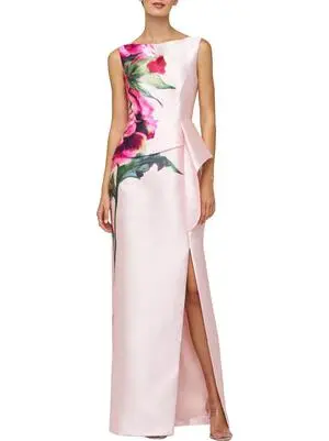 KAY UNGER Luciana Placed Floral Column Gown - Blush