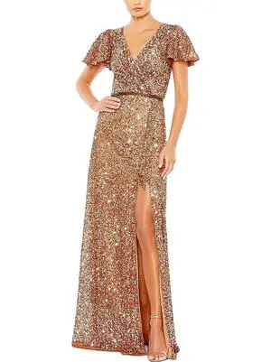 Mac Duggal Sequined Wrap Over Butterfly Sleeve Draped Gown - Copper