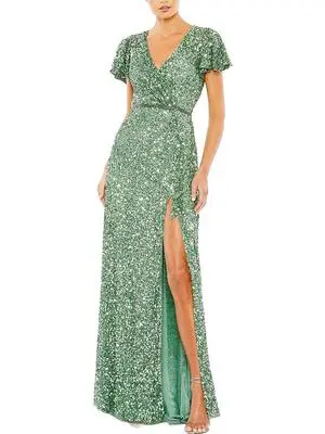 Mac Duggal Sequined Wrap Over Butterfly Sleeve Draped Gown Sage