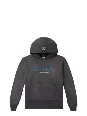 SAINT MXXXXXX Distressed Logo-print Cotton-jersey Hoodie - Black