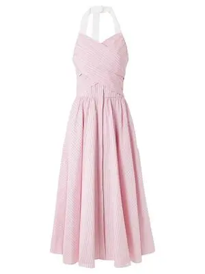 PATOU Draped Striped Cotton-poplin Halterneck Midi Dress - Pink