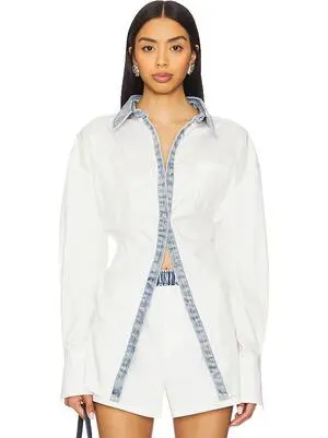 SEROYA Oversized Shirt With Denim Trim - White
