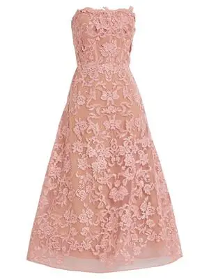 Marchesa Strapless Floral Lace Midi Dress - Antique Rose