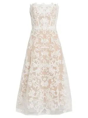 Marchesa Strapless Floral Lace Midi Dress - Ivory