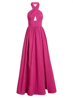 Marchesa Cutout Taffeta Halterneck Gown - Fuchsia