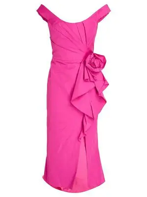 Marchesa Off-the-shoulder Floral-appliquéd Taffeta Midi Dress - Fuchsia
