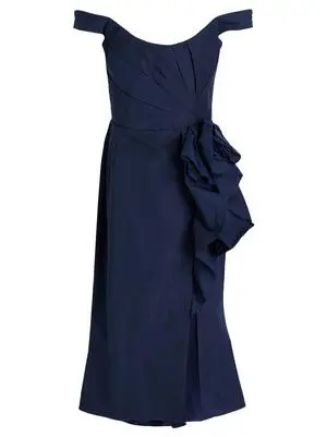 Marchesa Off-the-shoulder Floral-appliquéd Taffeta Midi Dress - Navy