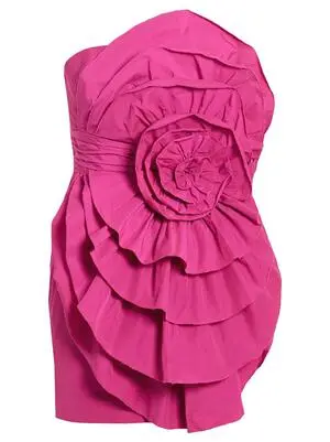 Marchesa Strapless Floral-appliquéd Ruffled Taffeta Mini Dress - Fuchsia