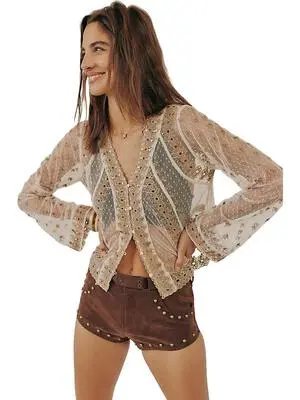 Free People Declan Sequin Shirt - Sea Pearl Combo