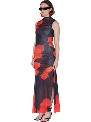 SAEMDI Floral Printed Mesh Dress - Red / Black Floral