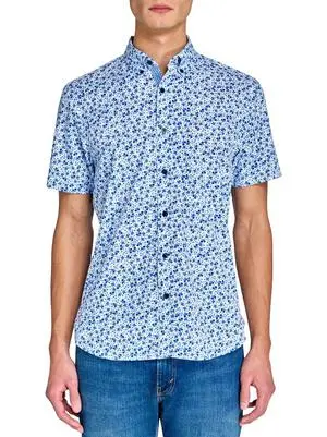 CON.STRUCT Slim Fit Blueberry Floral Recycled 4-way Stretch Performance Short Sleeve Shirt - White/navy