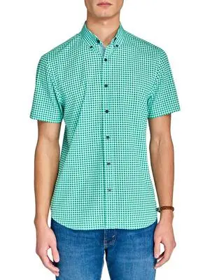 CON.STRUCT Slim Fit Mini Check Recycled 4-way Stretch Performance Short Sleeve Shirt Green/white