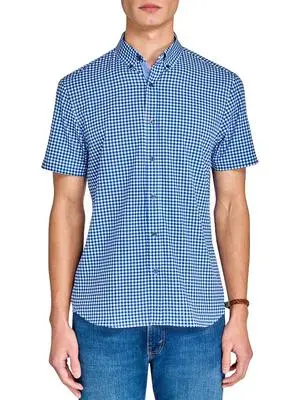 CON.STRUCT Slim Fit Mini Check Recycled 4-way Stretch Performance Short Sleeve Shirt - White/blue