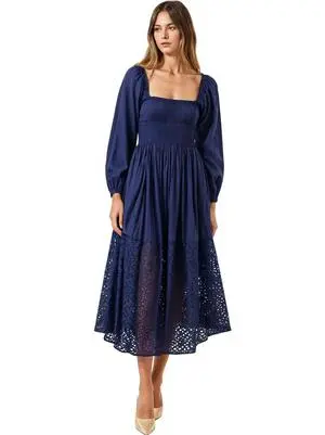 MODENAIRE Square-neck Smocked Midi Dress - Navy Blue