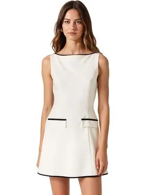 MODENAIRE Sleeveless A-line Mini Dress With Trim - Off-white / Black