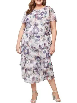 SL FASHIONS Floral Tiered Chiffon Cocktail Dress - Blush Multi