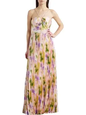 Lulus Cassia Floral Pleated Satin Gown - Pink Multi