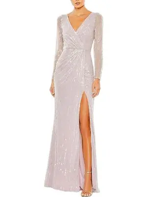 Mac Duggal Sequined Faux Wrap Gown - Lavender