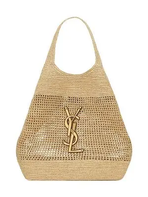 Saint Laurent Icare Raffia Tote - Naturel And Brown Raffia/gold