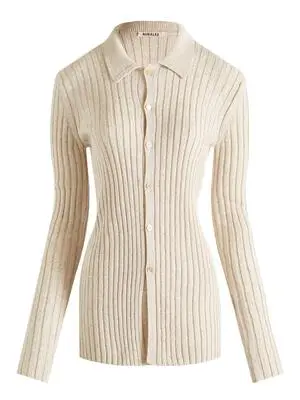 Auralee Rib Knit Shirt Cardigan - Top Ivory Beige