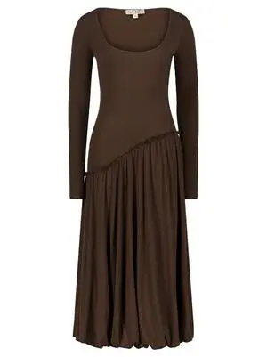 SAEMDI Asymmetric Hip Midi Dress - Dark Brown