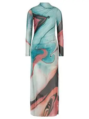 SAEMDI Lava Print Mesh Maxi Dress - Teal / Coral