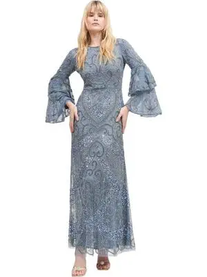 MARYISA Embellished Sequin Beaded Maxi Dress - Powder Blue