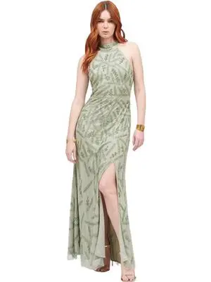 BEAUUT Embellished Sequin Beaded Halter Neck Gown - Sage Green