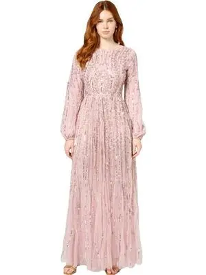 MARYISA Embellished Beaded A-line Maxi Dress - Frosted Pink