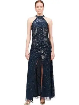 BEAUUT Occasion Embellished Sequin Beaded Halter Neck Maxi Dress - Navy