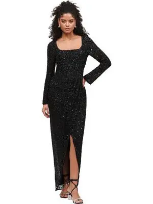 BEAUUT Embellished Sequin Beaded Maxi Dress With Wrap Bottom