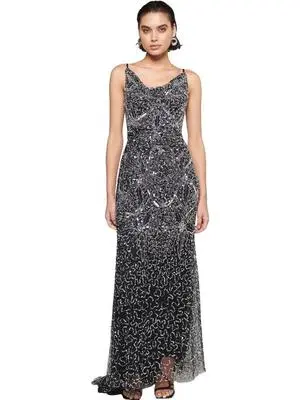 BEAUUT Occasion Embellished Sequin Beaded Cowl Neck Evening Dress - Black