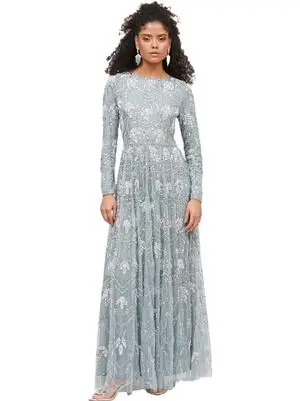 MARYISA Occasion Embellished Evening Maxi Dress - Misty Grey