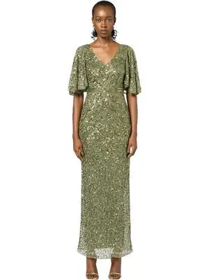 BEAUUT Embellished Sequin Beaded V-neck Maxi Dress - Olive