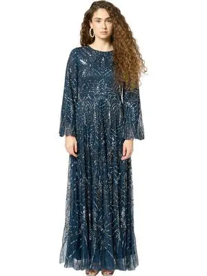 MARYISA Embellished Beaded Floral Maxi Dress - Navy