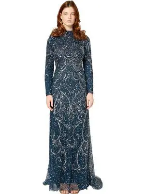 MARYISA Occasion Embellished High Neck Evening Maxi Dress - Navy