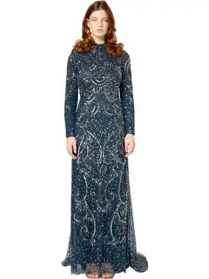 MARYISA Occasion Embellished High Neck Evening Maxi Dress - Navy