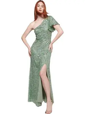 BEAUUT Occasion Embellished Sequin Beaded One Shoulder Evening Dress - Dark Green