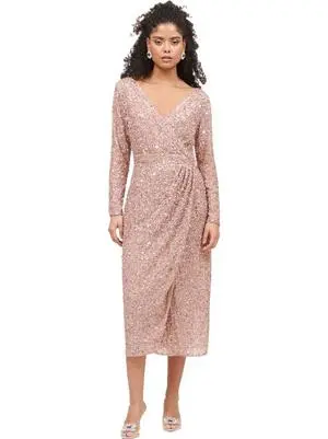 BEAUUT Embellished Beaded Maxi Wrap Dress - Taupe Blush