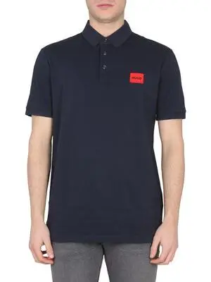 Hugo Cotton Polo Shirt With Contrasting Logo And Three-button Placket Blue