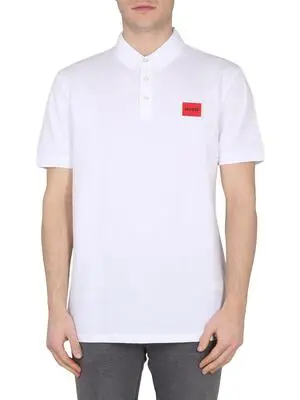 Hugo Cotton Polo Shirt With Contrasting Logo And Three-button Placket White