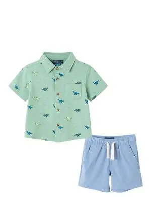 Andy & Evan Dino Print Shirt And Shorts Set - Light Green