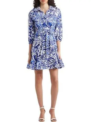 Halogen Printed Tie-waist Shirtdress - Blue Multi