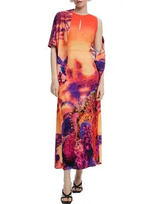Desigual Print Sleeveless Maxi Dress - Orange/ Dark Pink