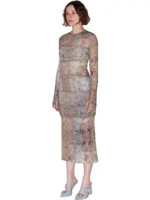 SAEMDI Floral Draped Mesh Dress - Beige Floral Print