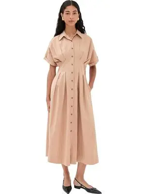 LE BOP Roberta Button-down Midi Dress - Camel Pinstripe