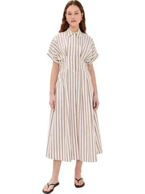 LE BOP Roberta Button-Down Midi Dress Khaki Pinstripe