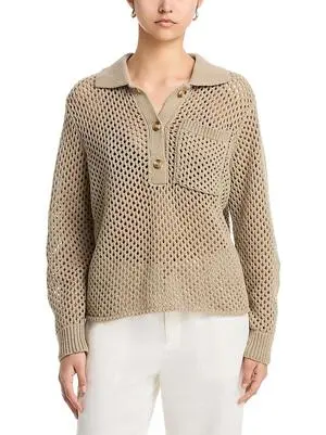 Aqua Open Stitch Crochet Polo Sweater - Cuban Sand
