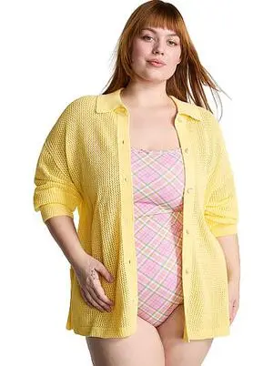 Pink PINK Crochet Button-Down Top Yellow