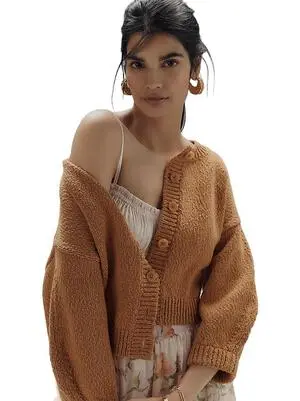 Maeve Maeve Elbow-Sleeve Floral Cardigan Sweater Brown